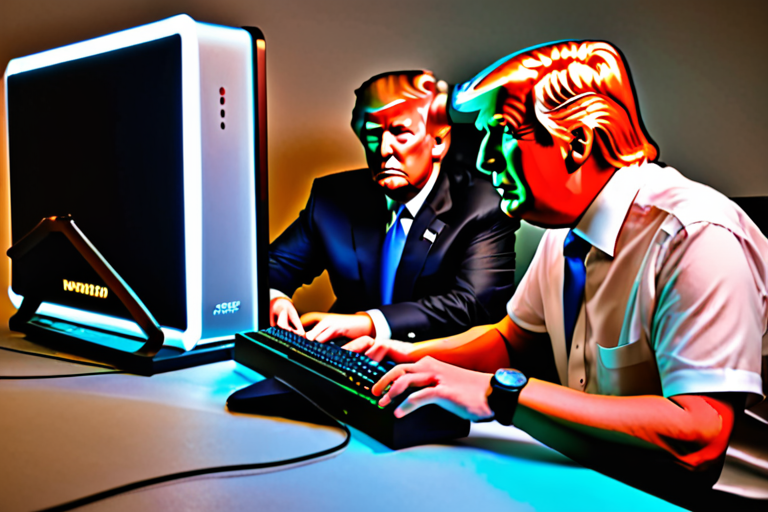 Donald Trump gaming on a high-tech gaming PC setup with red LED lights