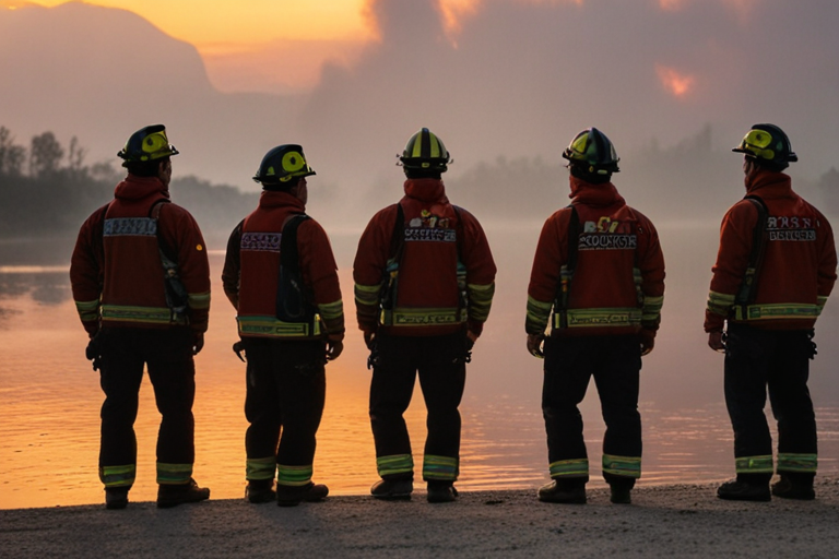 BIG BUILDING FIRE FIGHTING TEAM IN SAFETY JACKET SUNSET HD QUALITY ...