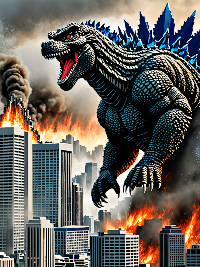 Godzilla destroying the city pixel