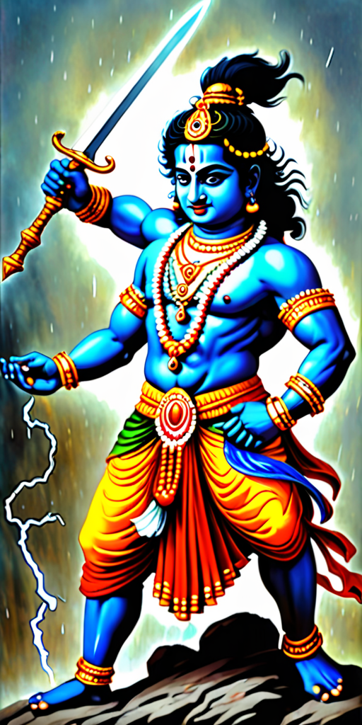 Angry blood drenched lord krishna with thunder as sword