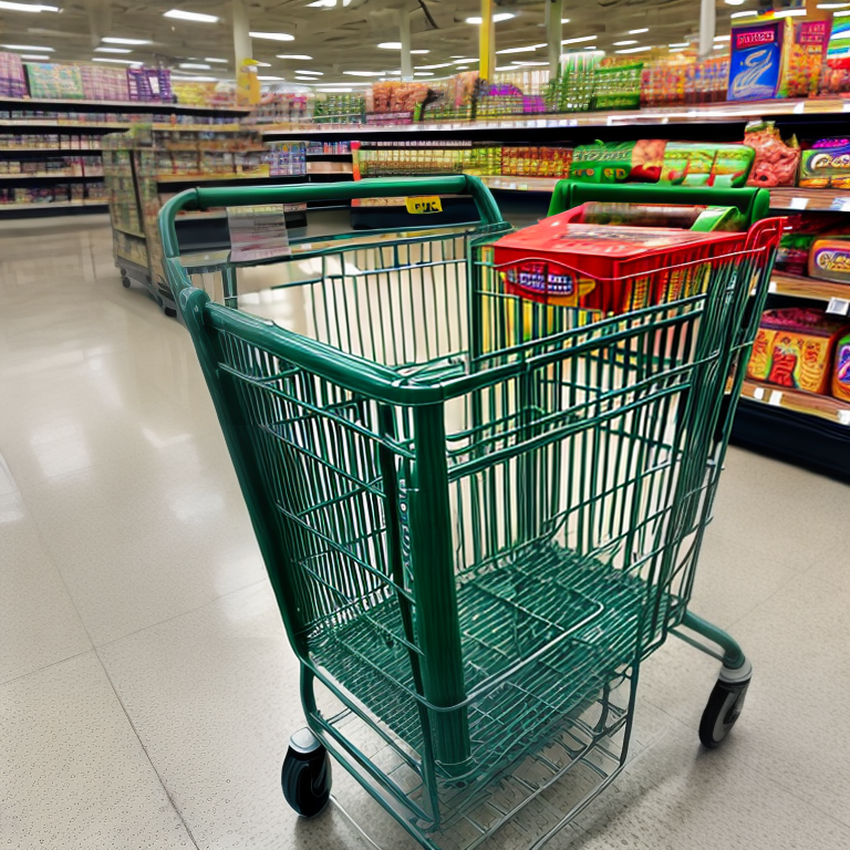 shopping cart next to the checkout line at the supermarket