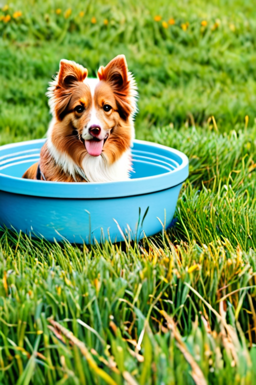 dog in the countryside, dog bowl, and a circle
