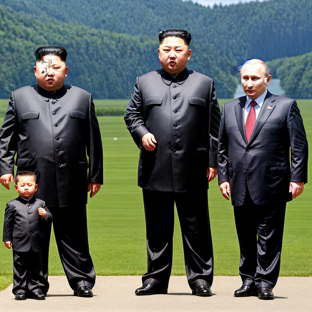 Midget sized Vladimir Putin stood next to tall Kim Jung Un with a ...