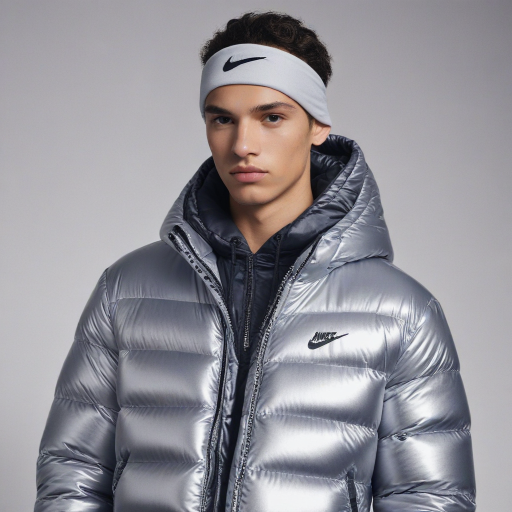 Male supermodel nike shiny puffer jacket bling jewellery hood headband