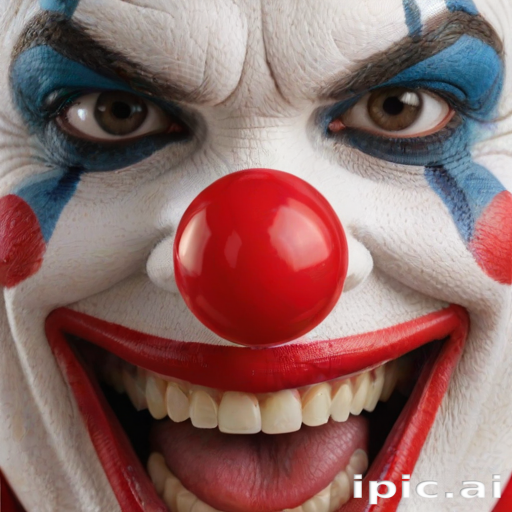 An Eerie Clown Portrait with Intense Eyes and a Vibrant Red Nose