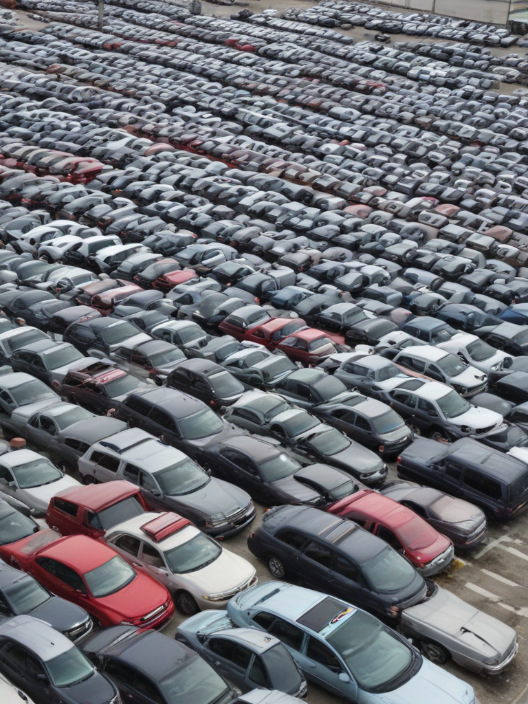 tens of cars parking in front of ugly dealership of used cars
