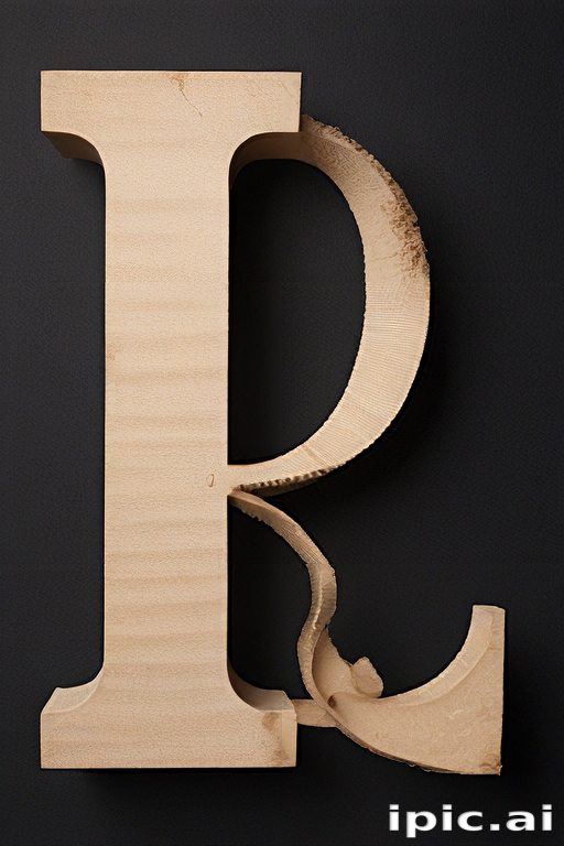 Detailed View of a Carved Wooden Letter 'R' on Black Background