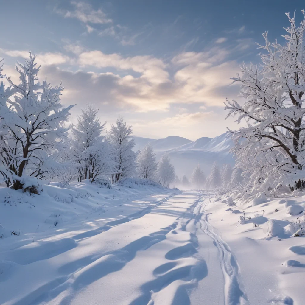 A Serene Winter Landscape with Snow-Covered Trees and Peaceful Pathway.