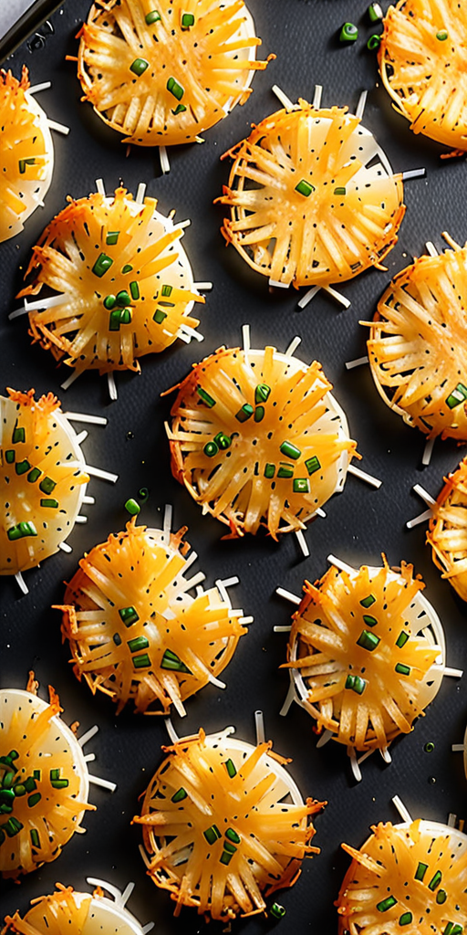 Deliciously Baked Potato Rounds with Cheese and Fresh Chives Garnish.