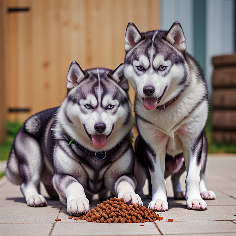 Two Playful Siberian Huskies Eagerly Enjoying Their Delicious Dog Food