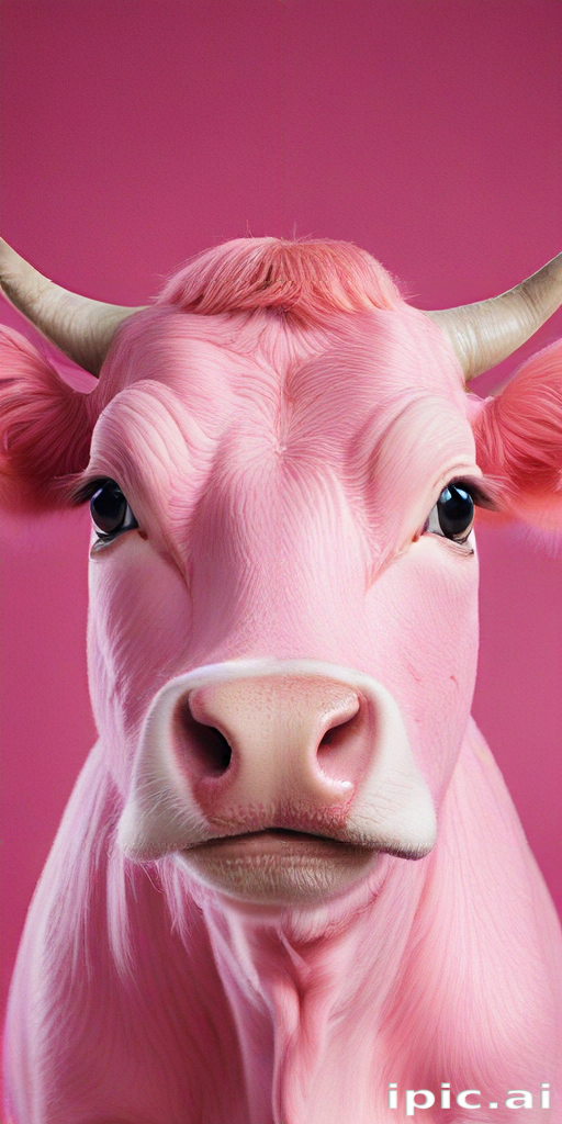 Whimsical Portrait of a Pink Cow Against a Vibrant Pink Background