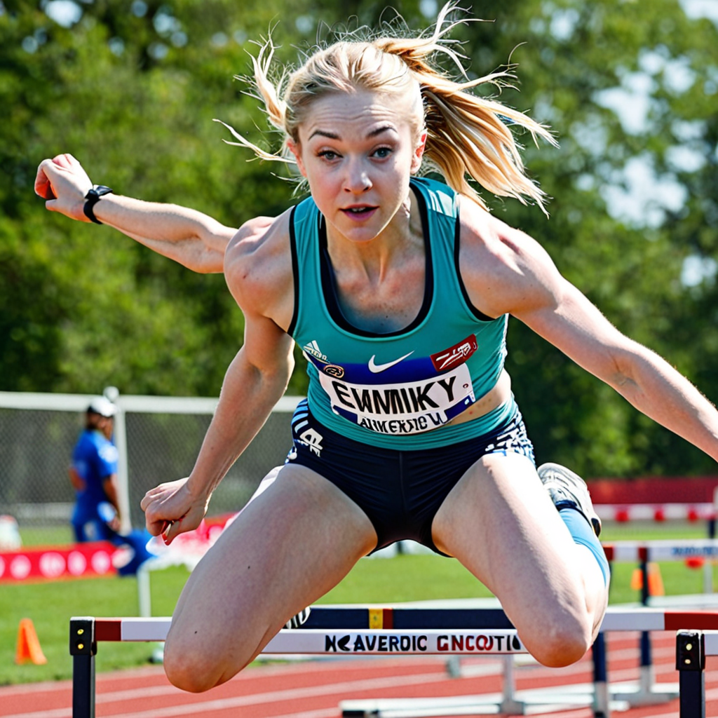 Emily Kinney jumping hurdles, view from side