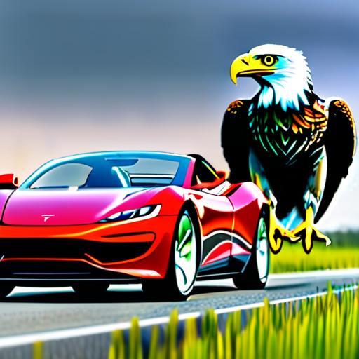 An eagle bigger than a car eating a Tesla roadster