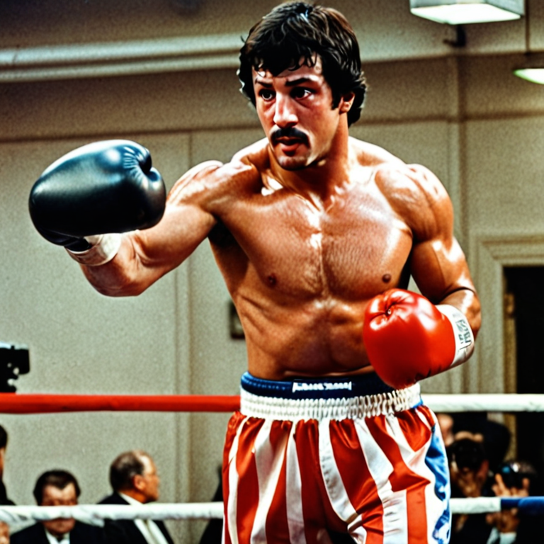 Rocky Balboa having a boxing match against an apple