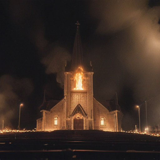a church burning with white fire flames in pitch darkness