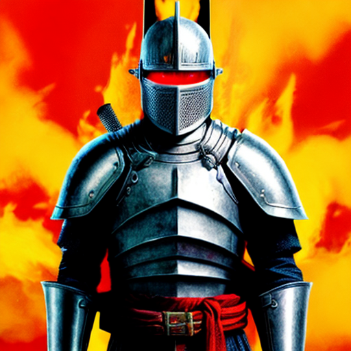 A knight king with a sword. with fire behind him