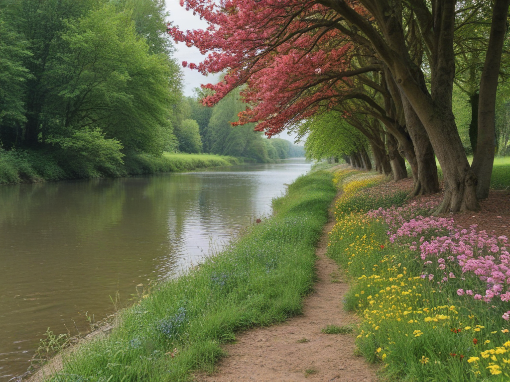River bank having colourful flowers and trees on both sides