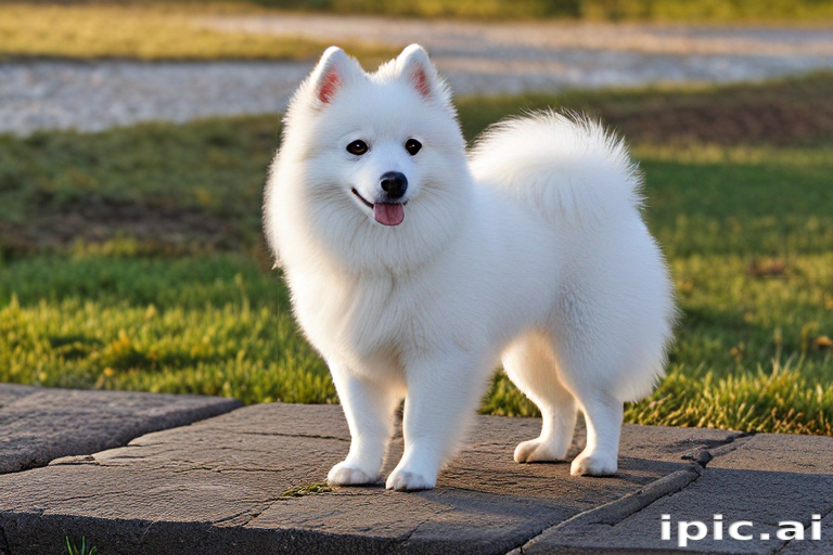 A Playful and Adorable Samoyed Dog Standing on a Sunny Pathway.