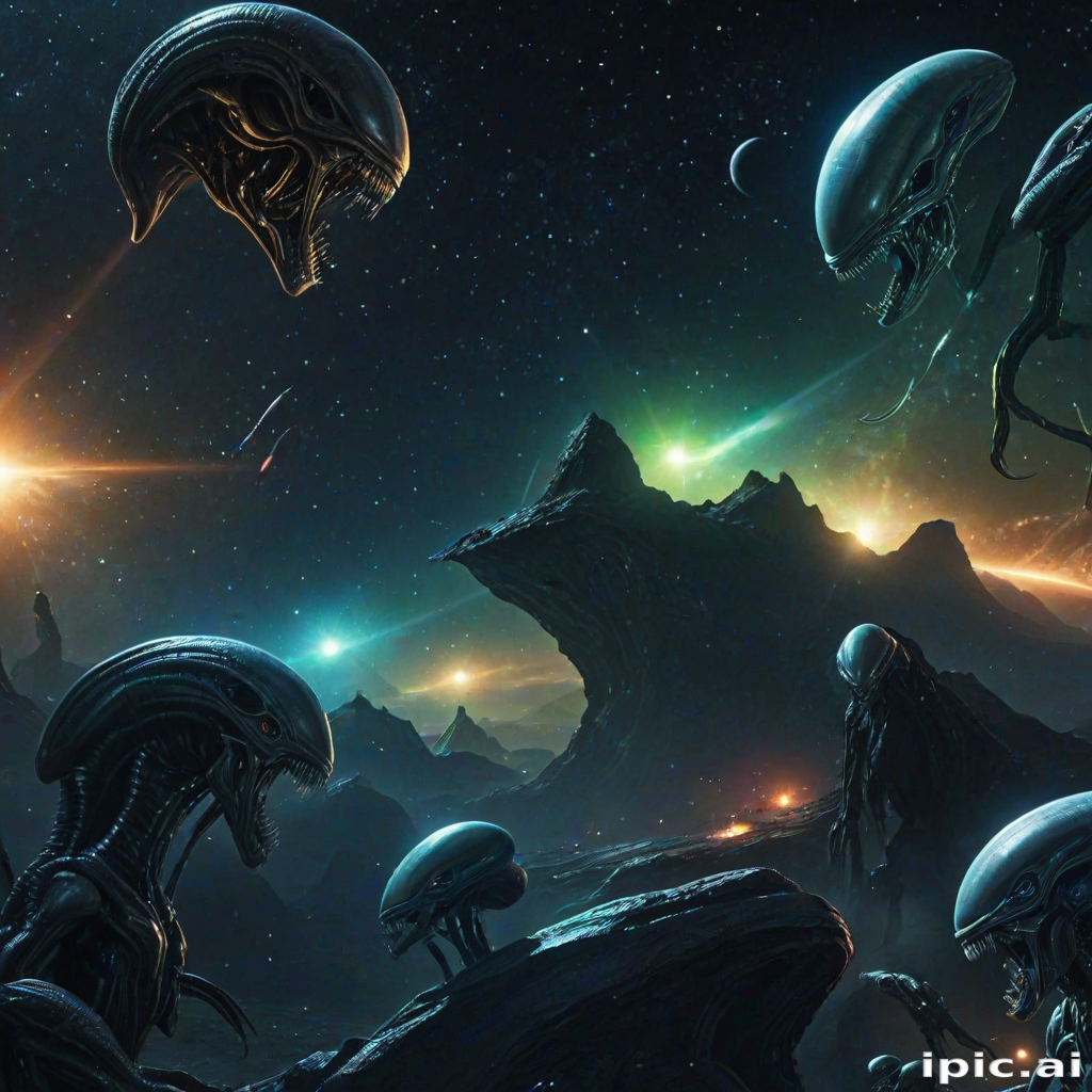 Alien Creatures in a Distant Galaxy Under a Starry Night Sky