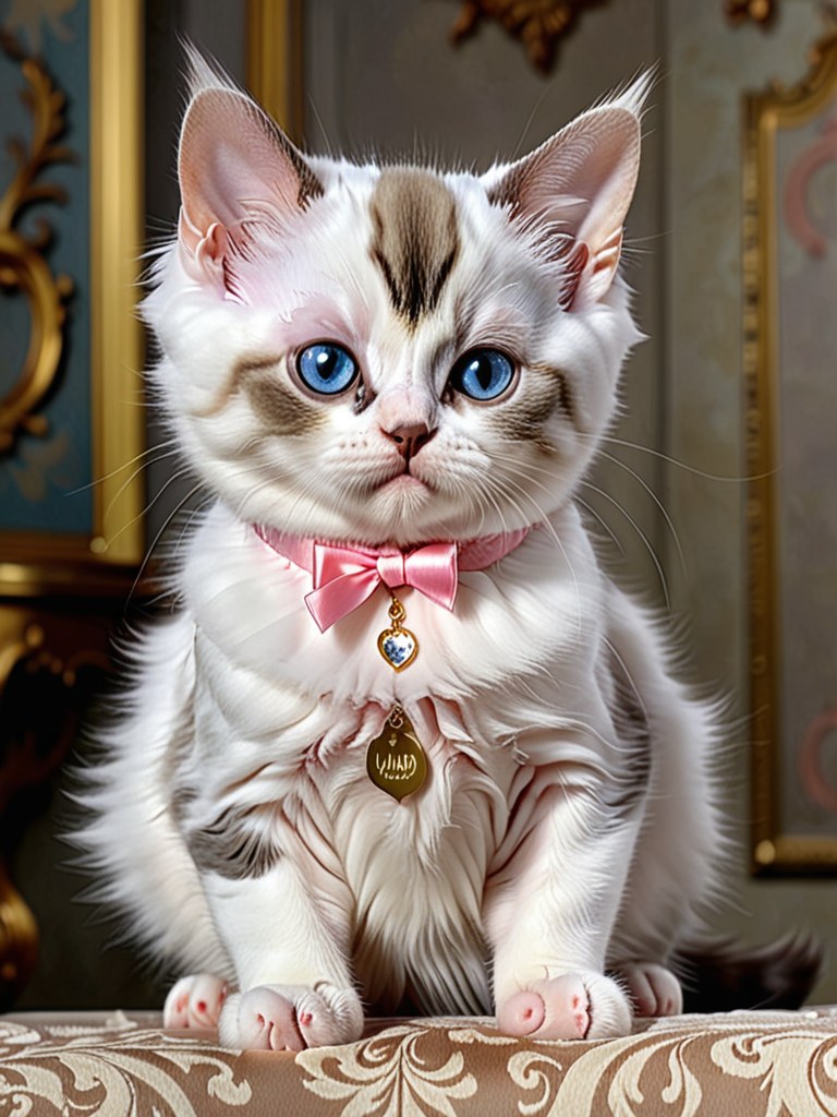 A Charming Fluffy Cat with Blue Eyes and a Pink Bow Tie