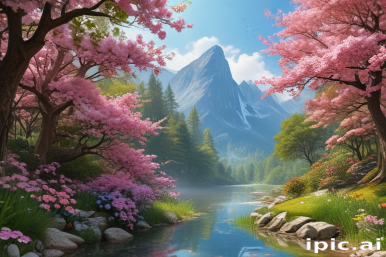 Tranquil Spring Landscape Featuring Cherry Blossoms and Majestic ...