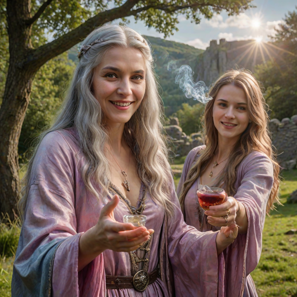 Enchanting Sisters in Flowing Robes Share a Magical Herbal Brew Outdoors