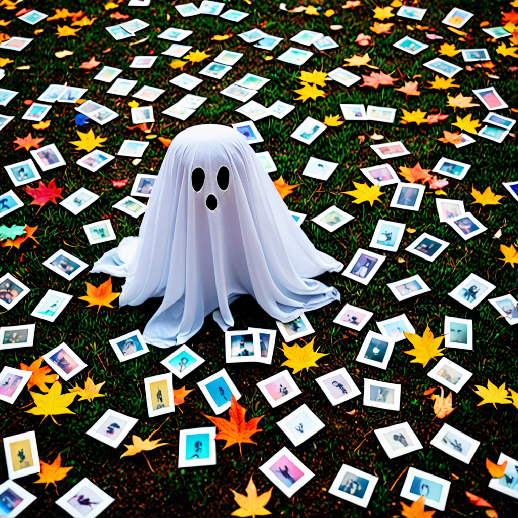 rainbow ghost surrounded by polaroids of other ghosts on the ground