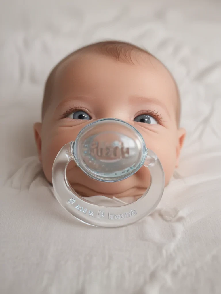 A Curious Baby Gazing Upward with a Clear Pacifier in Mouth