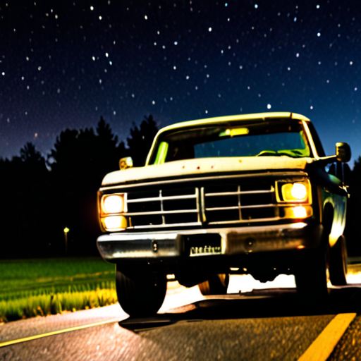 a beat up pickup truck driving down a country road at night