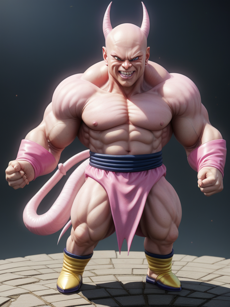 Muscular Cartoon Character with Pink Skin, Horns, and a Tail Flexing ...