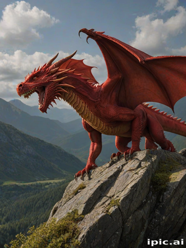 Majestic Red Dragon Soaring Over a Stunning Mountain Landscape Scene.