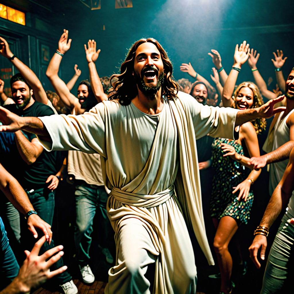 Hyper realistic photo jesus dancing in a club