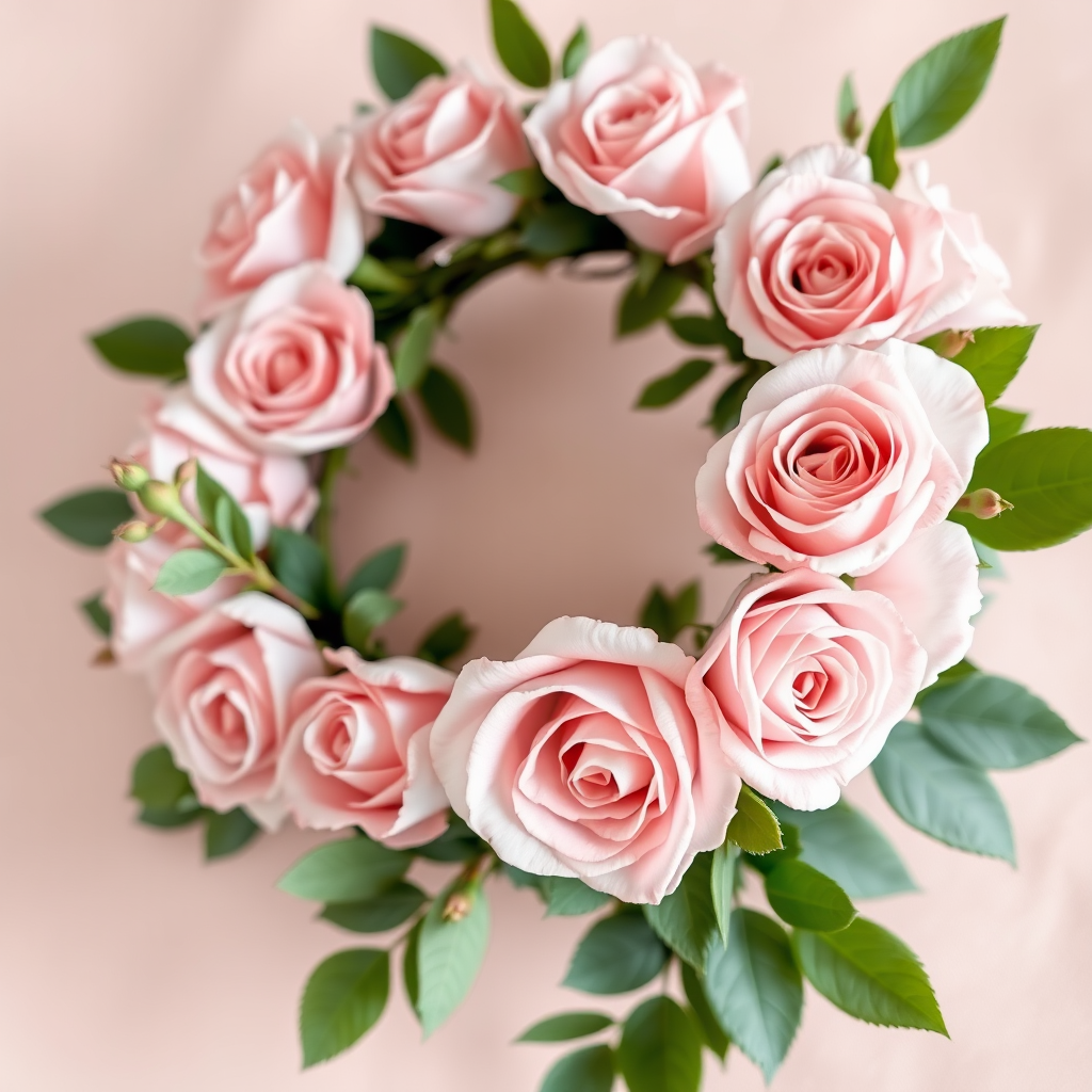 floral wreath with light pink roses and green leaves, soft background ...
