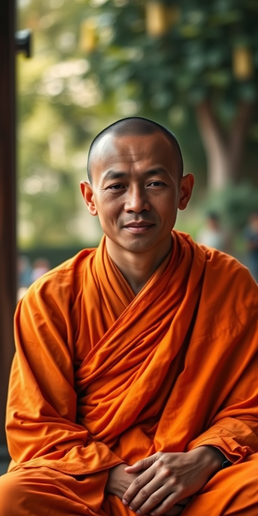 A Serene Monk in Orange Robes Reflecting Peace and Contemplation Indoors.