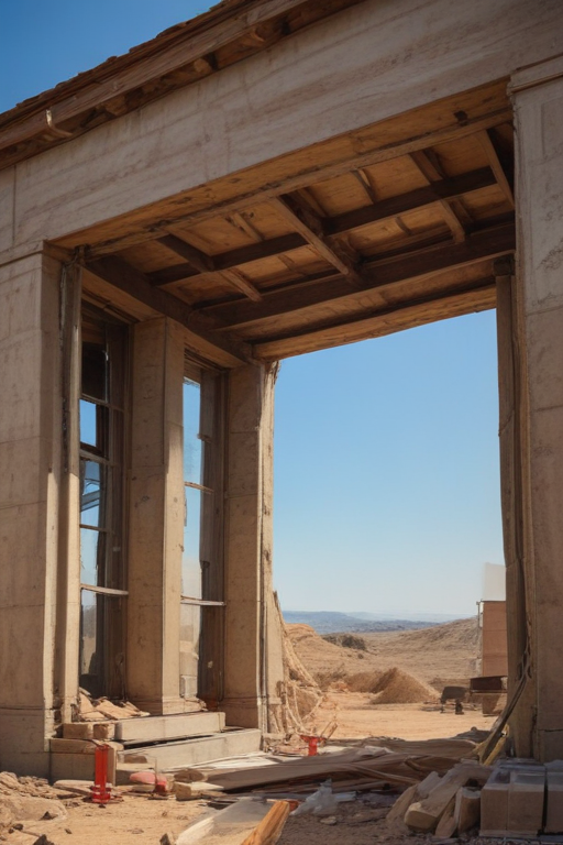 Abandoned Building with Open Doorway Overlooking a Barren Landscape