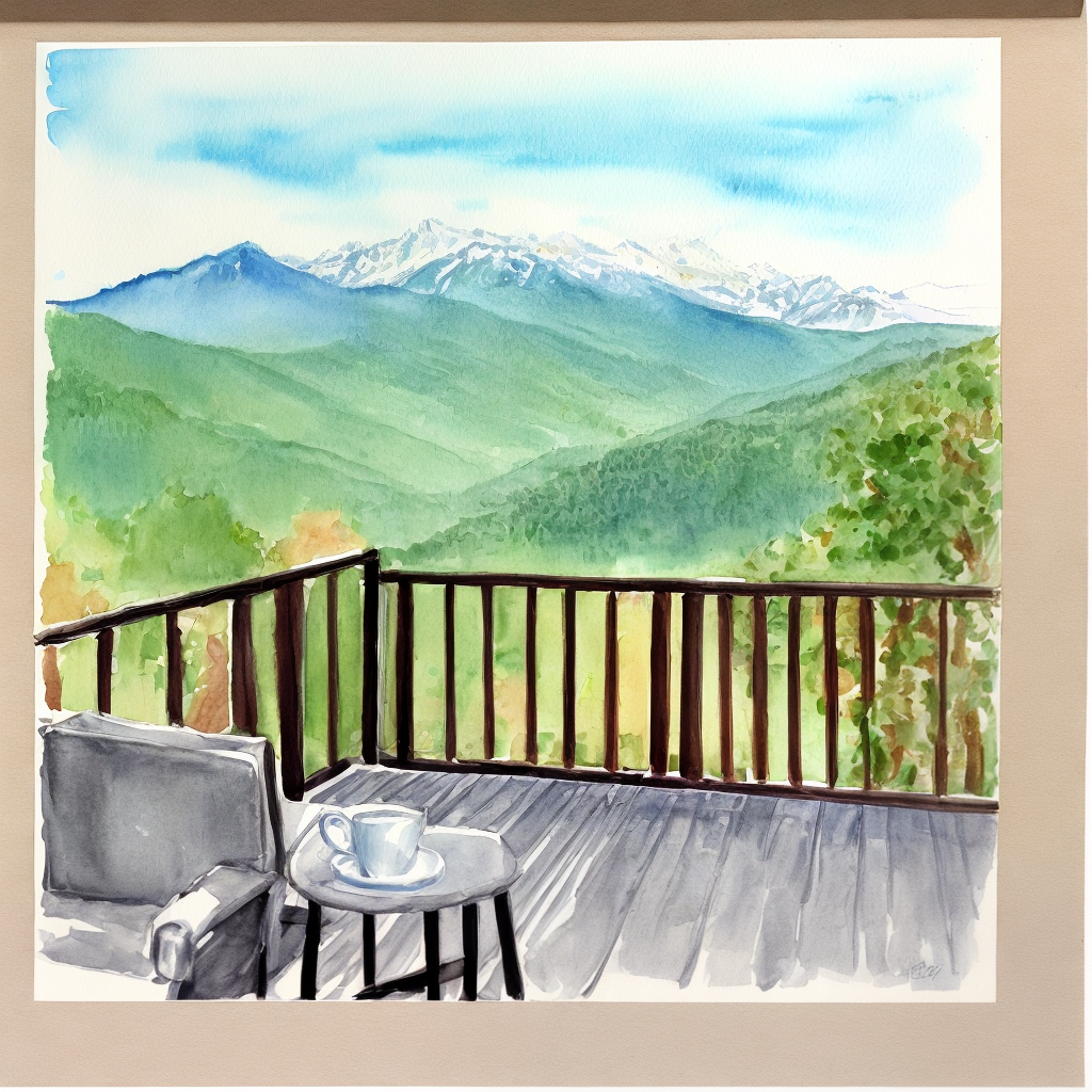 Large mug of black coffee sitting on the railing of a porch looking out ...