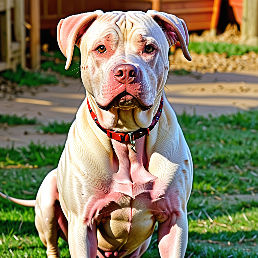 A Playful Pit Bull Dog Posing Proudly in a Sunny Backyard Setting.