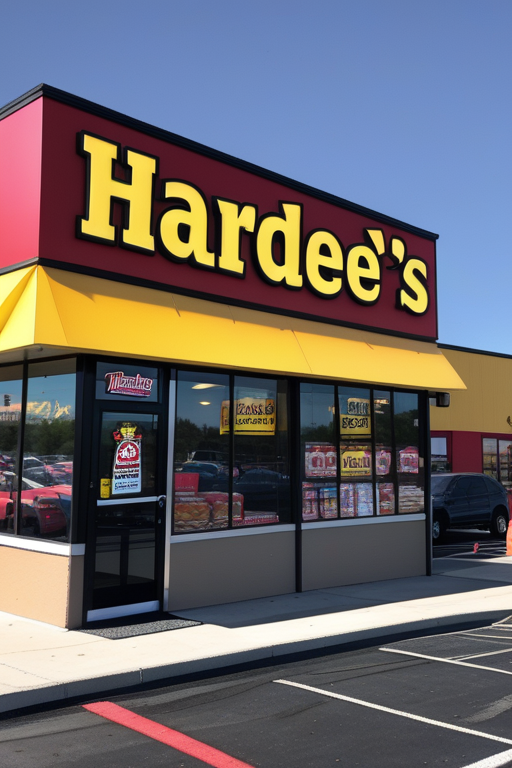 Colorful Hardee's Fast Food Restaurant Building with Clear Blue Sky