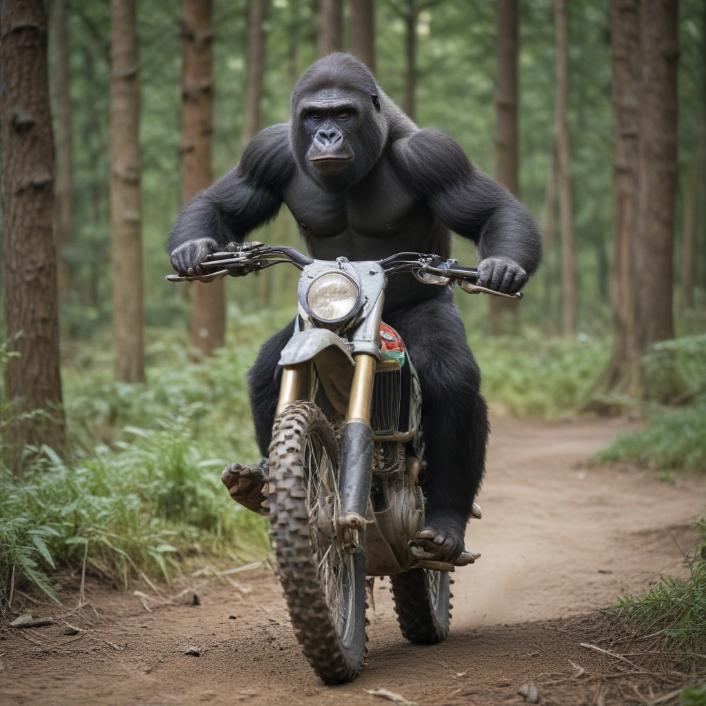 a muscular gorilla riding a motocross bike in the woods