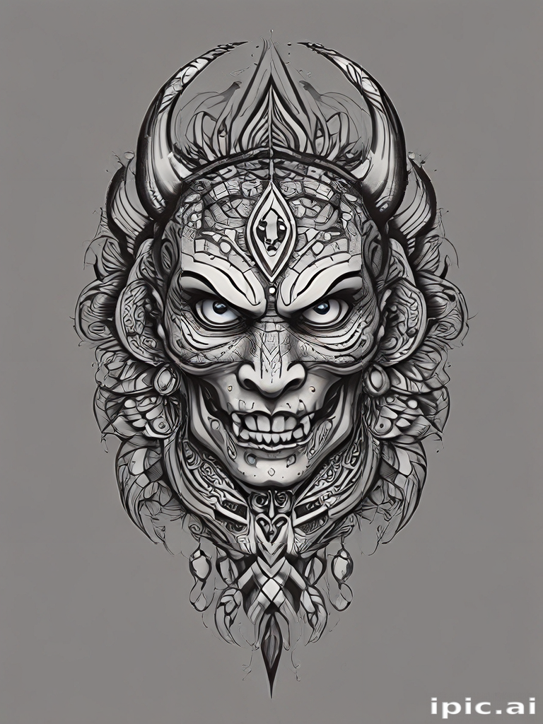 Intricate Monochrome Design of a Fierce Demon Face with Ornate Details