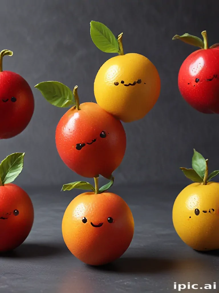 Cheerful Fruits with Smiling Faces Playfully Stacked in a Fun Arrangement