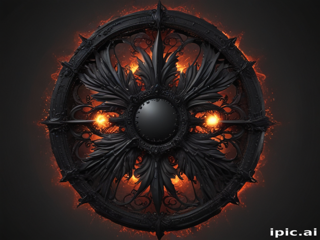 A Dark and Fiery Shield Design with Intricate Leaf Patterns and Reflection