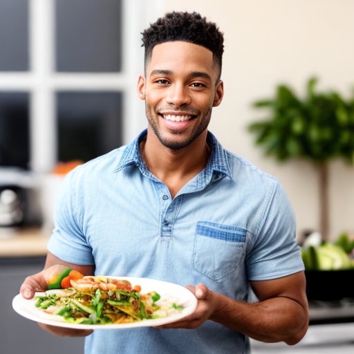 a handsome man serving a delicious plate of food with lots of ...