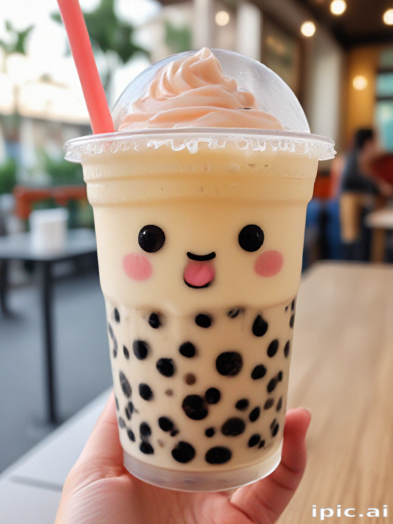 Delightful Bubble Tea with Cute Face and Creamy Topping in Hand