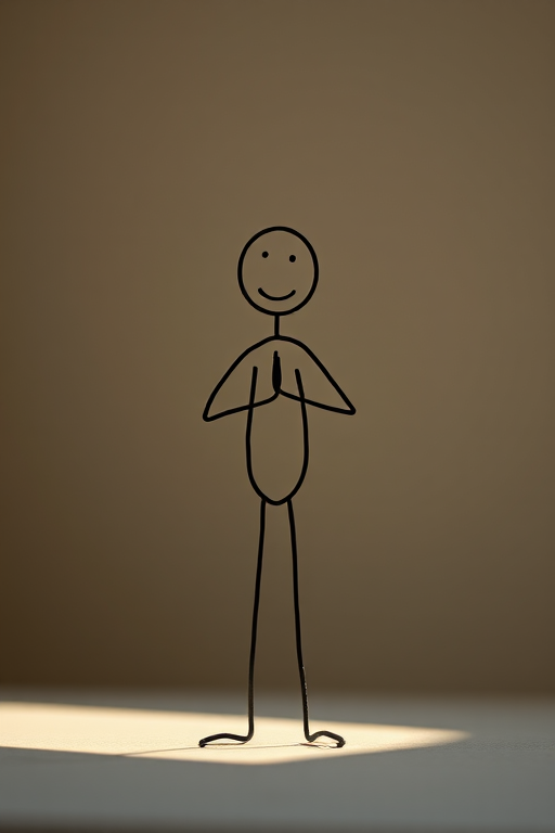 A Playful Wire Figure Standing Cheerfully in a Softly Lit Space.