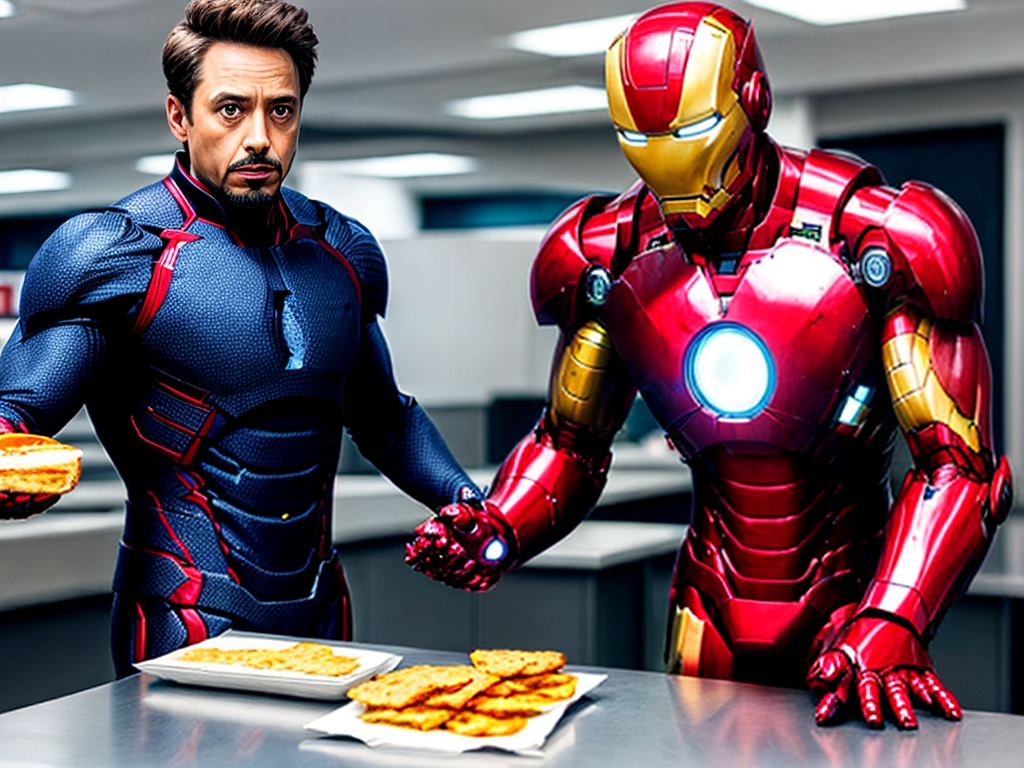iron man eating cheese burgers in reasurant