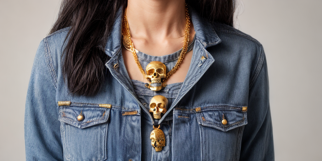 stylish skull with gold chain around the neck
