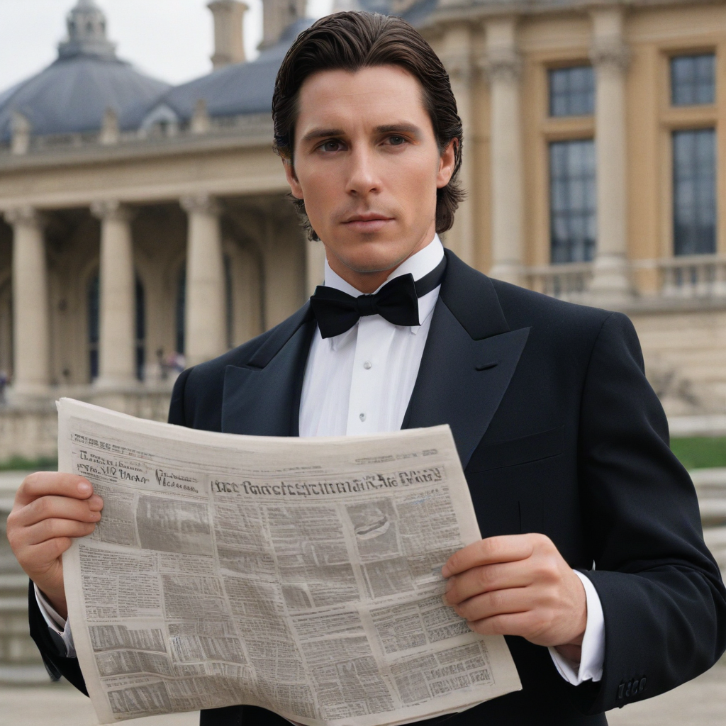 Christian Bale as bruce wayne in tuxedo, muscle, with a newspaper ...