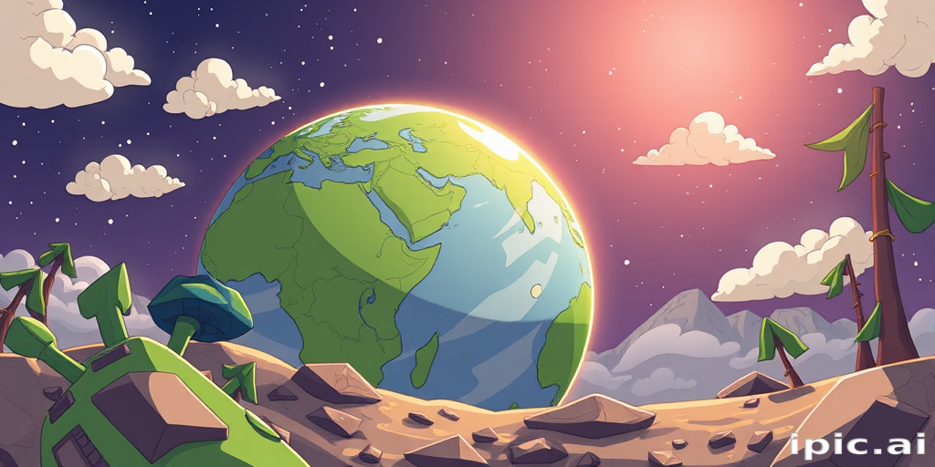 Whimsical Illustration of Earth Surrounded by Colorful Clouds and Mountains