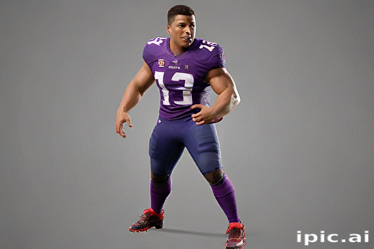 Dynamic Football Player in Purple Uniform Ready for Action on the Field